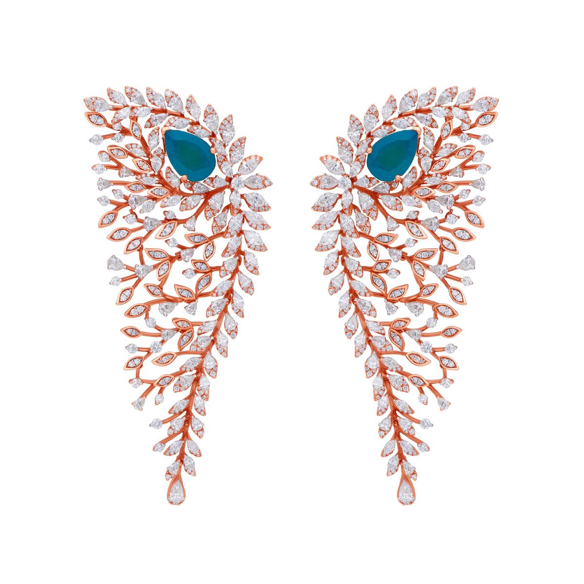 Fancy Peacock Feather Pattern 18KT Diamond Studs